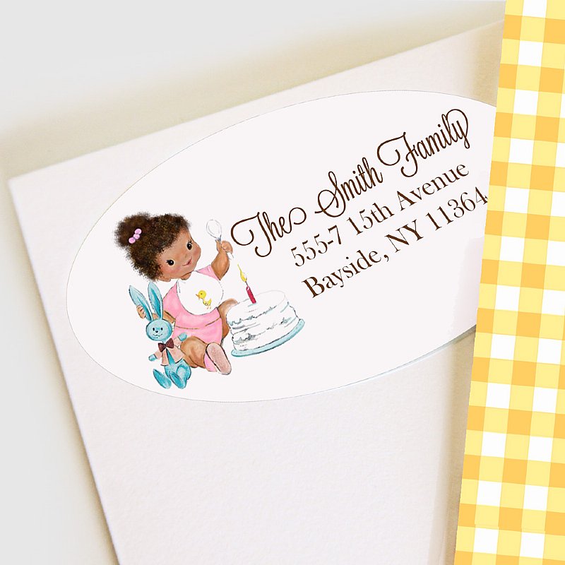 Vintage First Birthday Girl Address Labels (Brown Skin Tone)